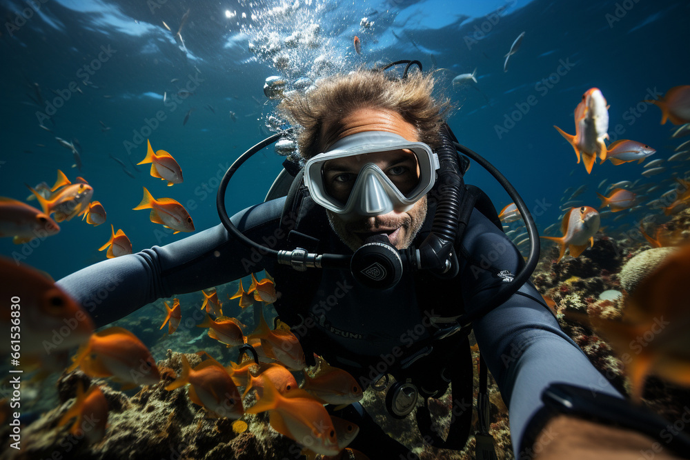 Diver in Tropical Sea Takes a Selfie Facing the Camera with Fish in the ...