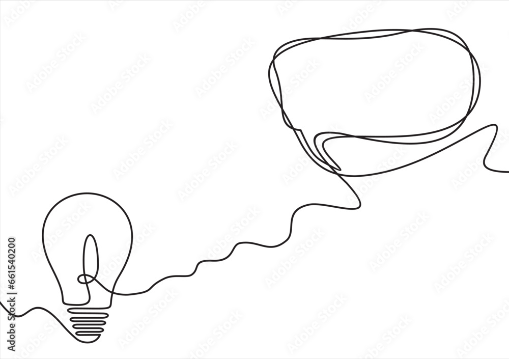 One continuous line drawing of speech bubble with light bulb. Creative ...
