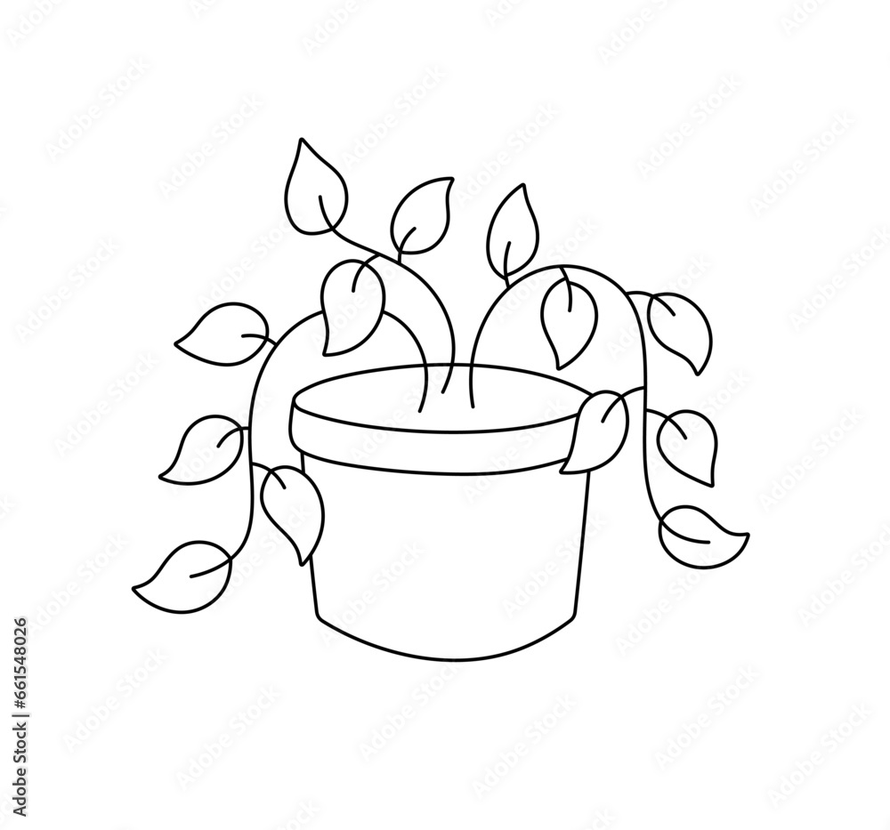 Vector isolated one single simple house plant in pot colorless black ...