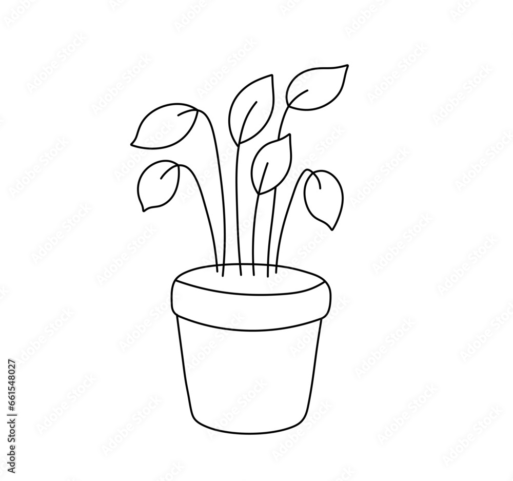 Vector isolated one single simple house plant in pot colorless black ...