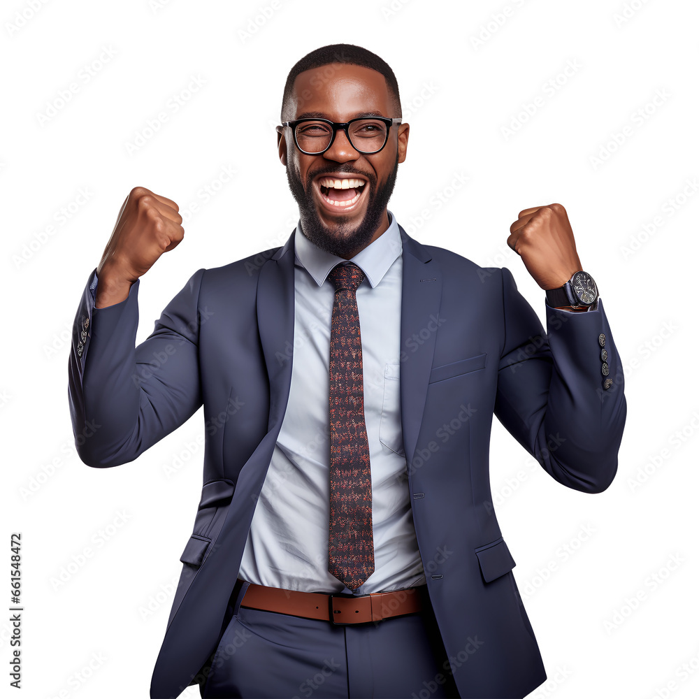 Black American employee smiling and raising his hands in joy on PNG ...