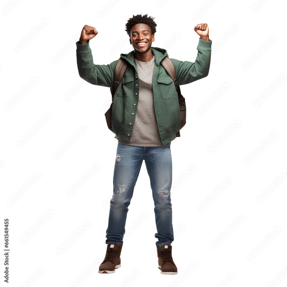 Full body image of male American student raising hands happy to ...