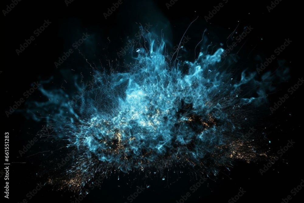 Blue fiery particles, embers, and sparks on a black background. Texture ...
