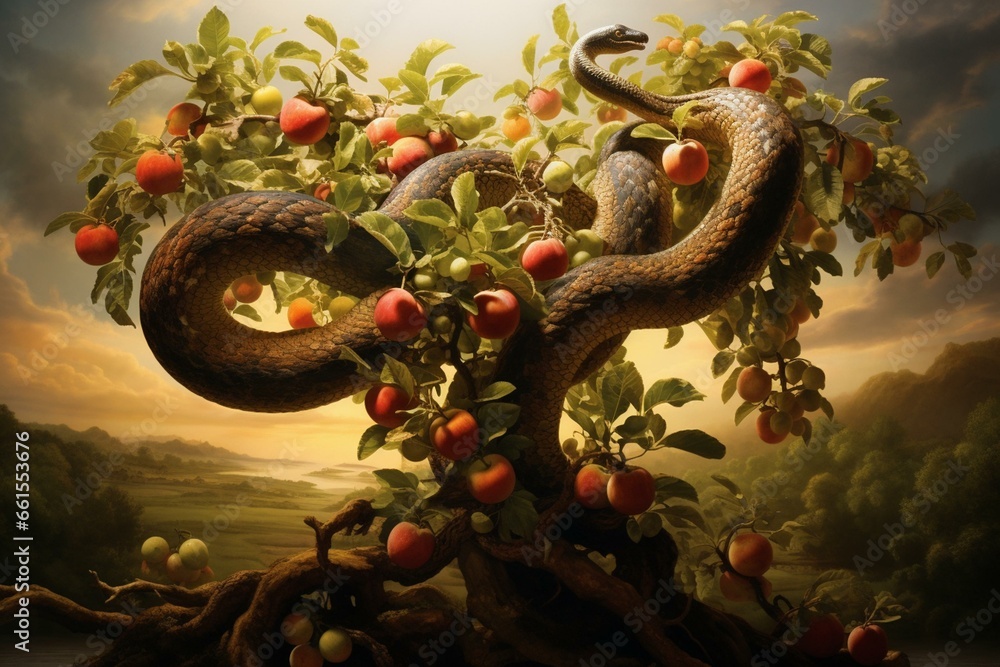 depiction of biblical tree with apples and serpent. Generative AI Stock ...