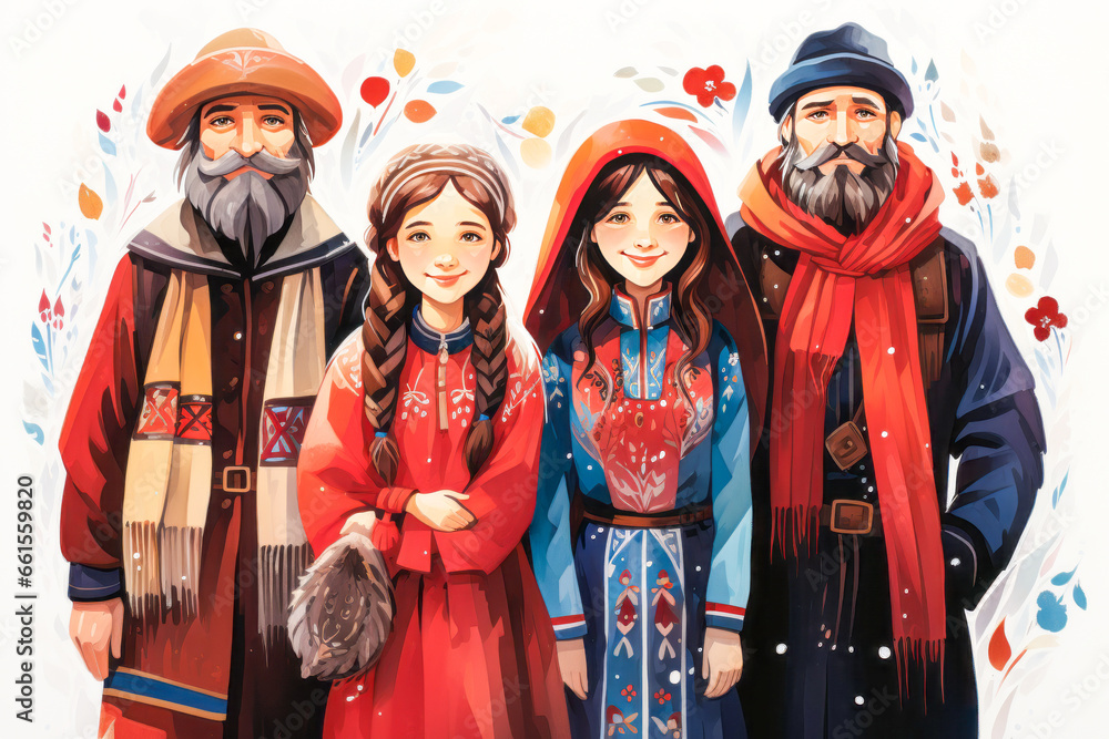 Russian family in traditional attire across generations, depicted in a ...