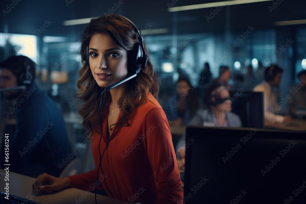 At a bustling emergency call center, a woman works amidst a team of professionals, all busy ...