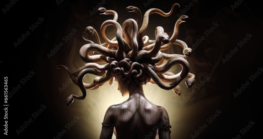 Medusa's Enchanted Reflections. stone statue. Sake, serpent, crown head ...