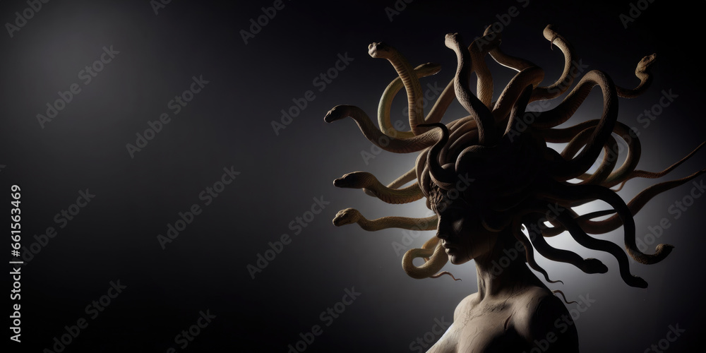 Medusa's Mythical Legend. stone statue. Sake, serpent, crown head ...