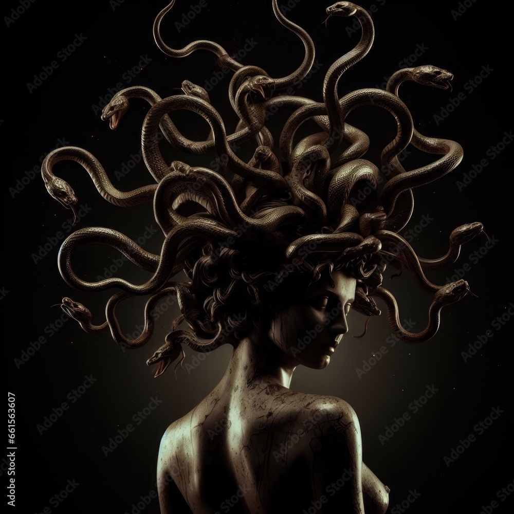 Medusa Close-up: Snake Hair Beauty. stone statue. Sake, serpent, crown ...