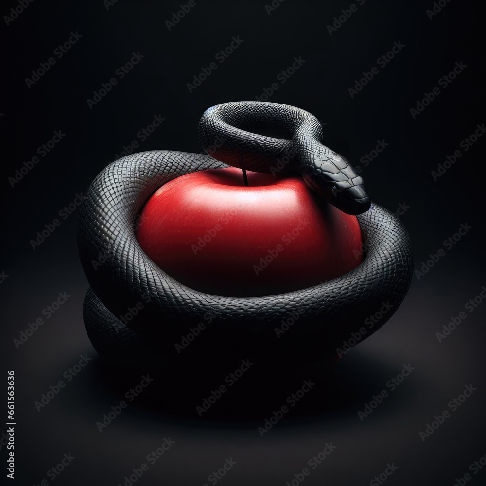 forbidden fruit. Apple and serpent, snake coiled around a red apple. Adam and eve. Theology ...