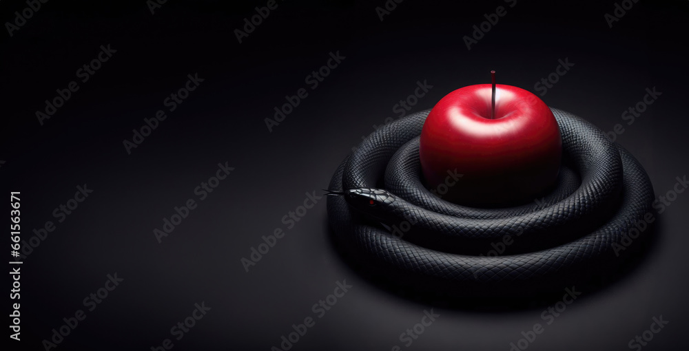 forbidden fruit. Apple and serpent, snake coiled around a red apple. Adam and eve. Theology ...