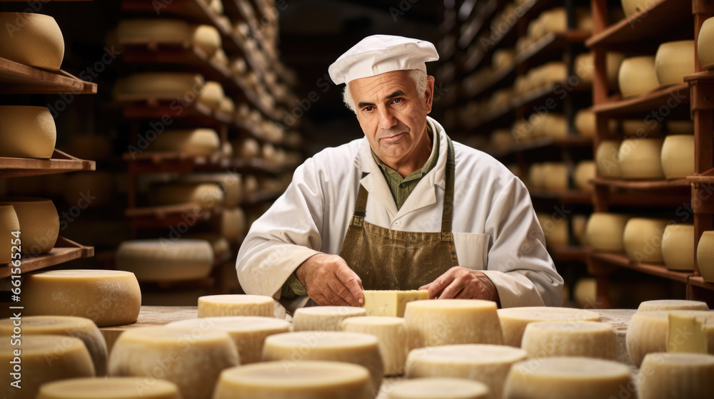 Cheesemaker is controlling the seasoning lots of wheels of parmesan ...
