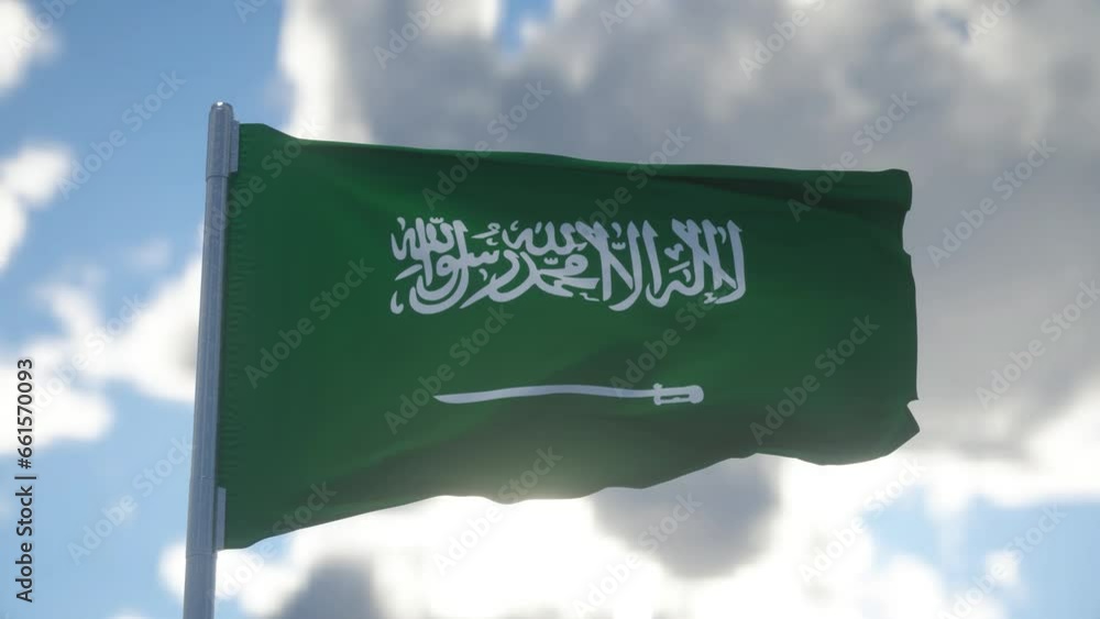 Saudi Arabia national flag waving in the wind. Green field with Shahada ...
