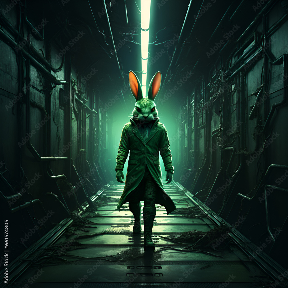 Surreal cyberpunk rabbit - whirring conundrums. A spooky green rabbit ...