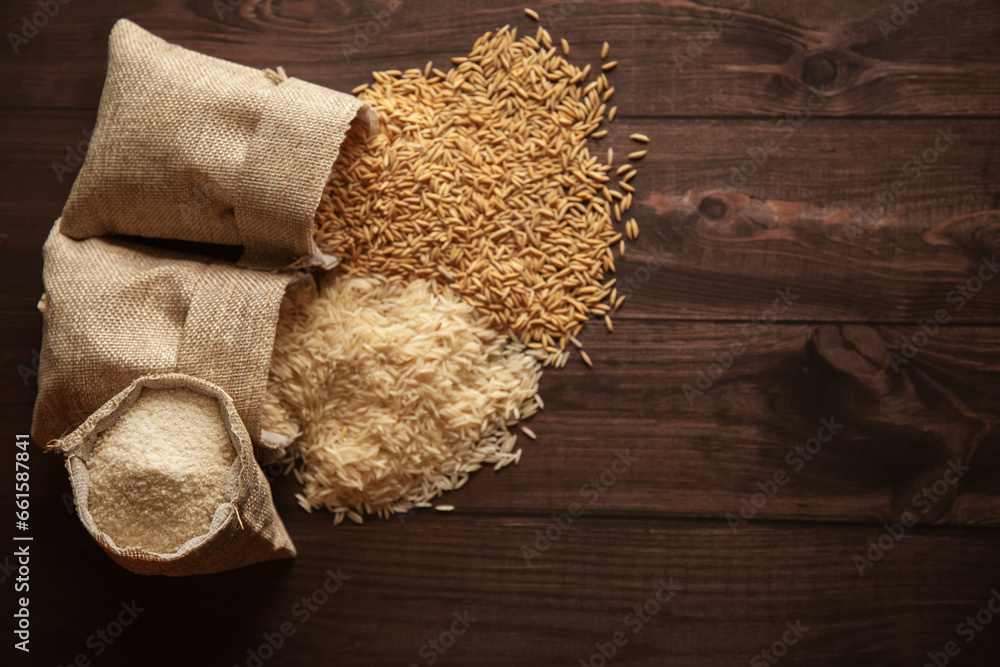 Different stages of organic Rice (Oryza sativa) in a jute bag. Rice ...