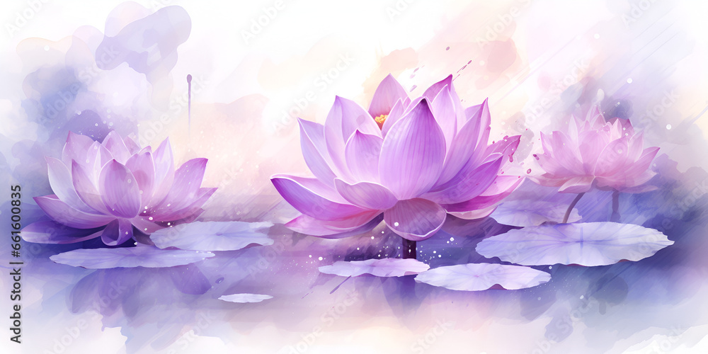 Watercolor illustration of pastel purple lotus flower, abstract ...