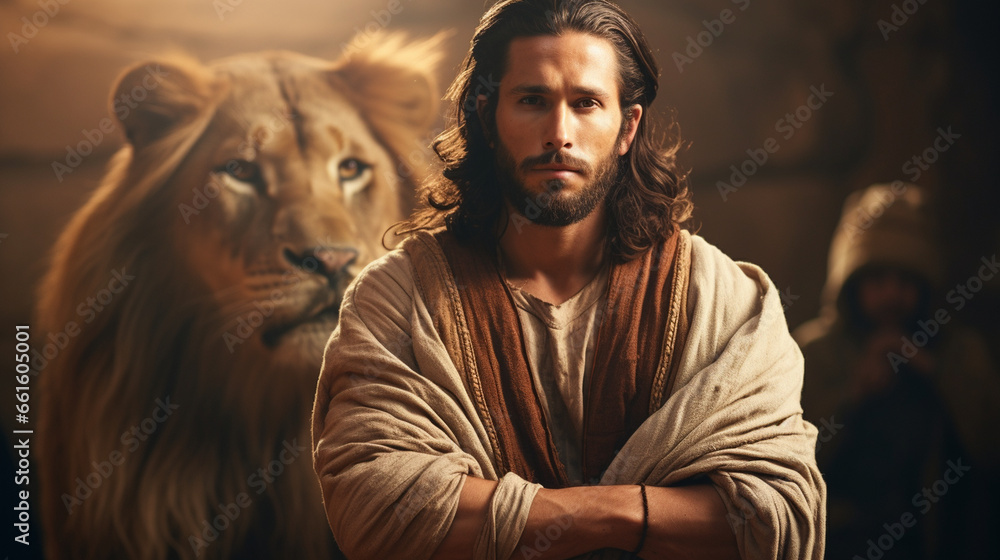 Daniel in the lion's den, Biblical characters, blurred background Stock ...