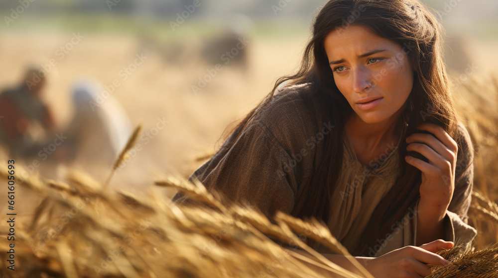 Ruth gleaning in Boaz's field, Biblical characters, blurred background ...