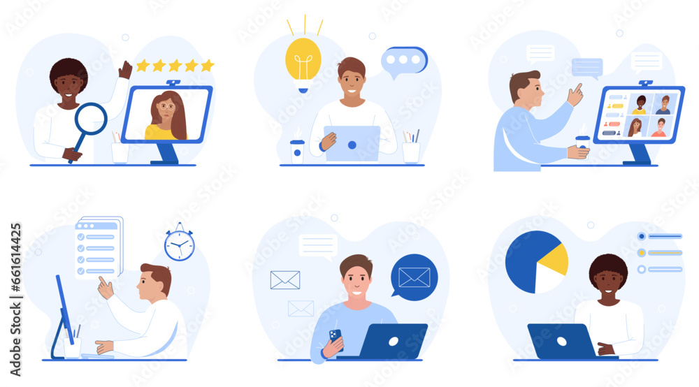 Computer work concepts. Vector illustration of a set of cartoon diverse ...