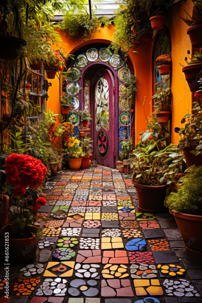 Whimsigothic eclectic garden design with mosaic tile path, potted ...