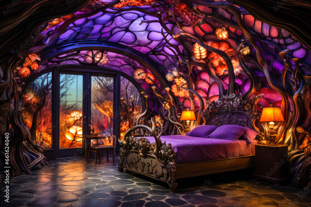 Whimsigothic style bedroom interior design with purple bed and stained ...