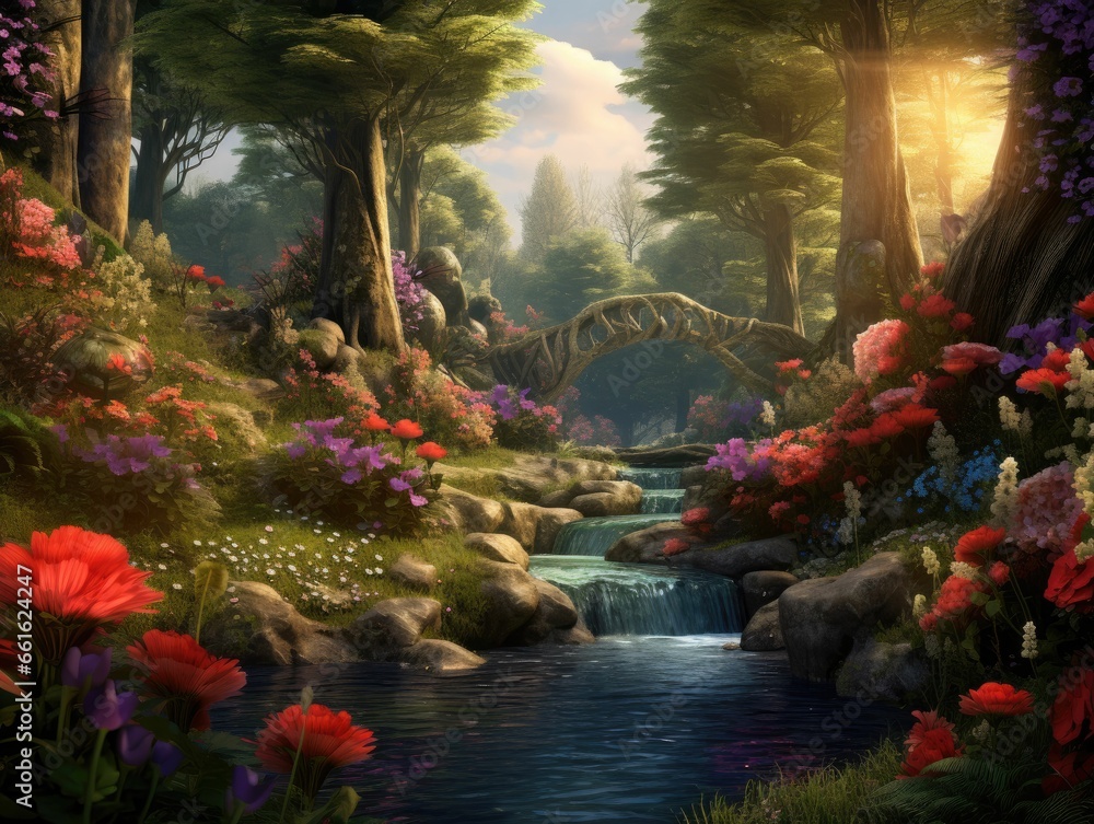 Colourful forest with a stream running in the middle and an interlaced ...