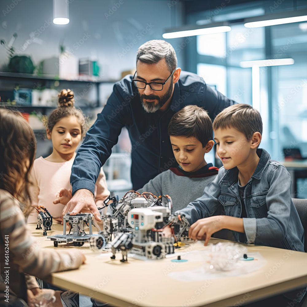 Elementary school coding: Teacher demonstrates mechanical robot ...