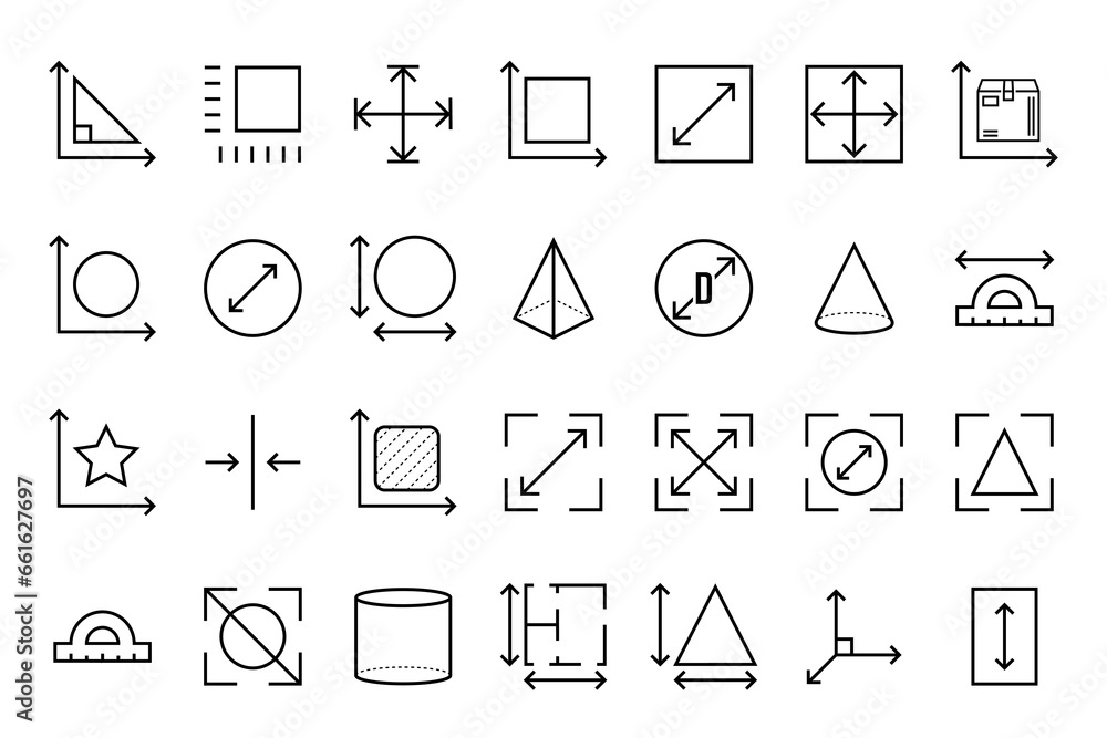 Dimension, area and perimeter measure concept. Vector set of linear ...