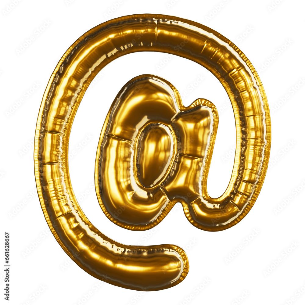 Realistic gold font 3D render - At sign. Inflated Balloons gold foil ...