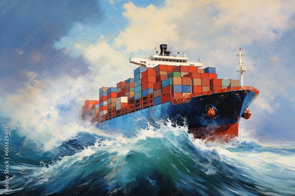 Container ship sailing amid crashing ocean waves, perfect for kids ...
