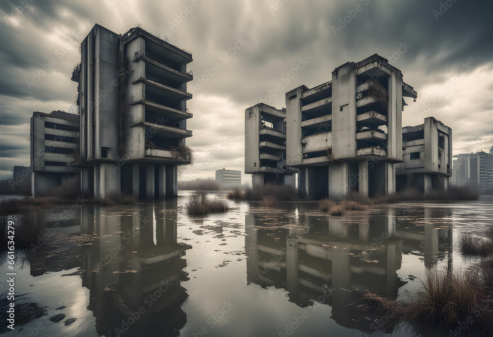 an abandoned ruined flooded modern city with destroyed concrete ...