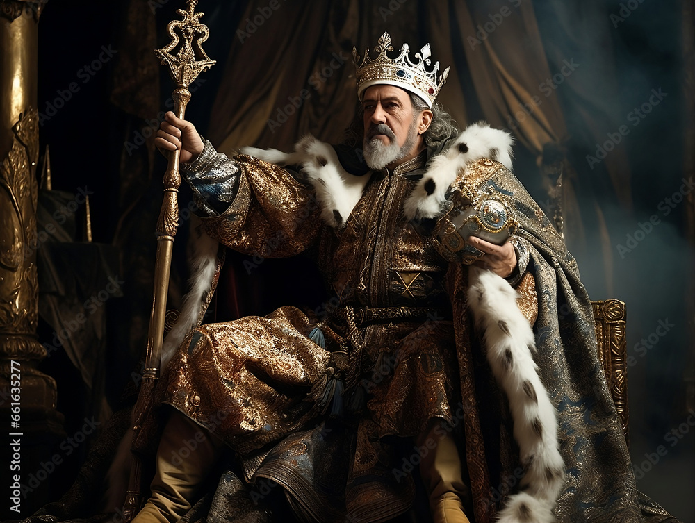 Majestic Medieval King in Royal Attire Seated on Throne - A Symbol of ...
