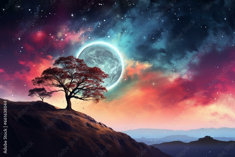 Silhouette of tree and hill against a space background with colorful ...