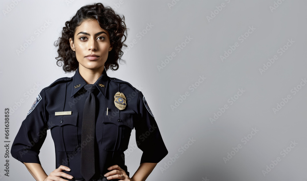 Mixed race woman wearing uniform, police officer or cop, studio ...