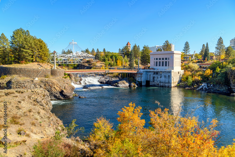 View of Riverfront Park, with the pavilion and clock tower in view ...
