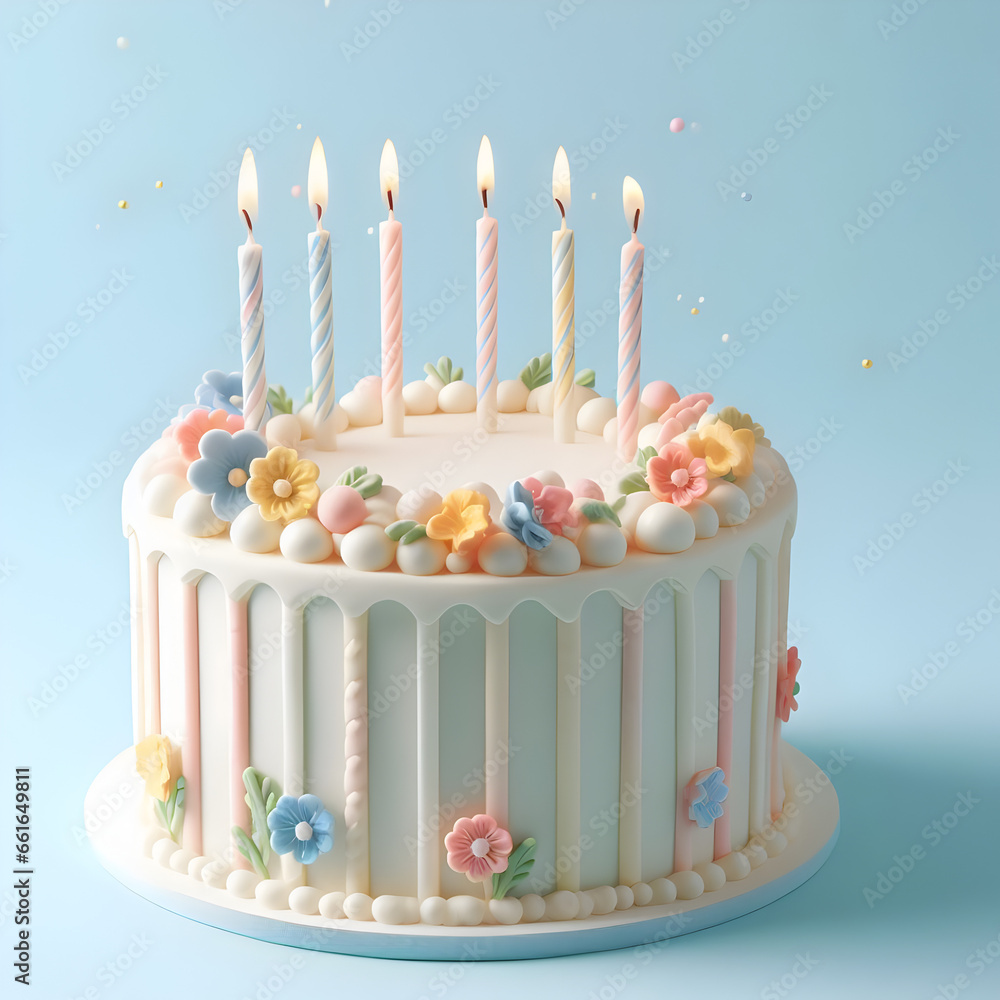 birthday cake with 6 (six) candles on pastel blue background with copy ...