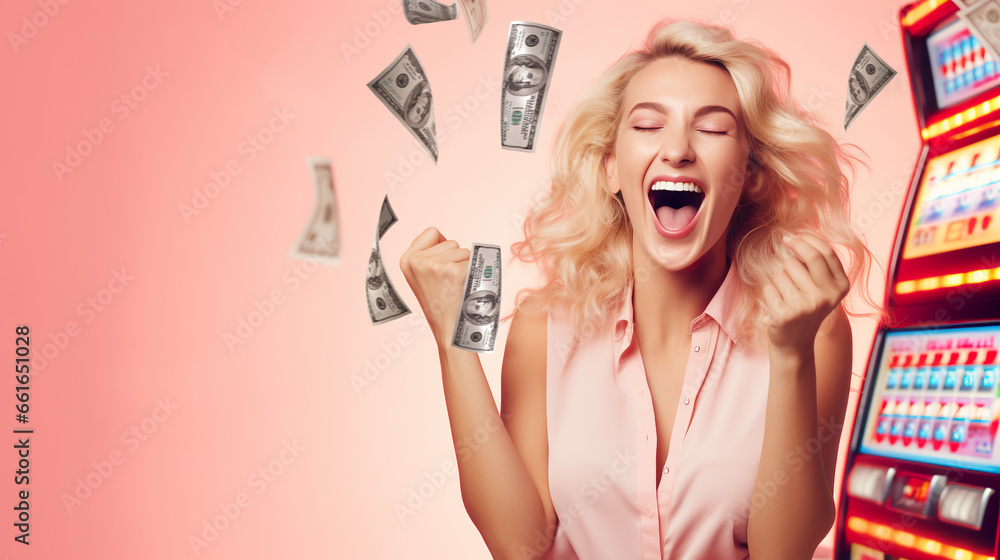 Beautiful blonde woman excited and throwing money she won at slot ...