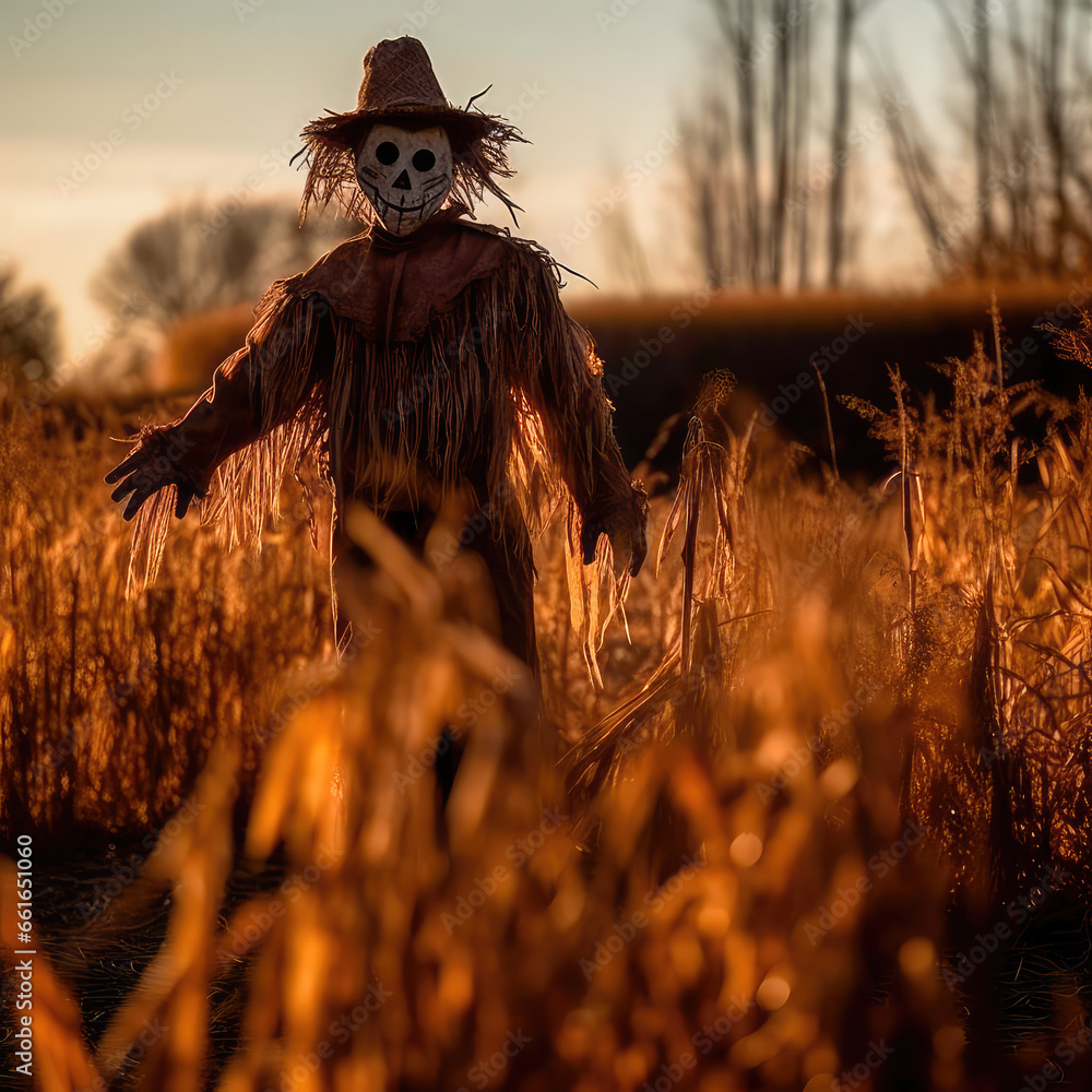 An illustration of a scarecrow bathing in the eerie light of a ...