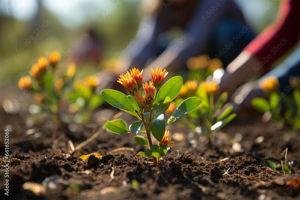 An eco-friendly scene of hands planting native wildflowers, encouraging ...