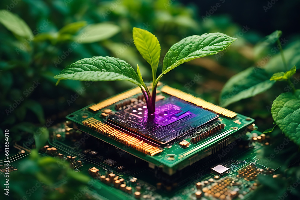 the concept of nature emerging from a computer chip, signifying new ...