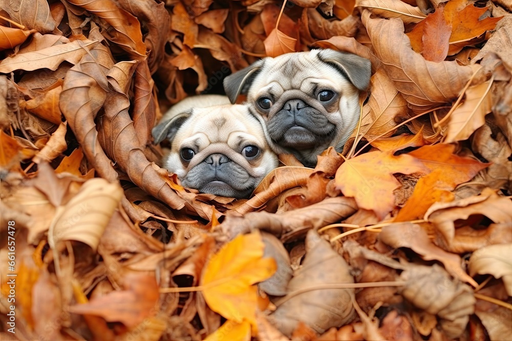 Little Pugs Playing Hide-and-Seek: Autumn Leaves Pile Fun!, generative ...