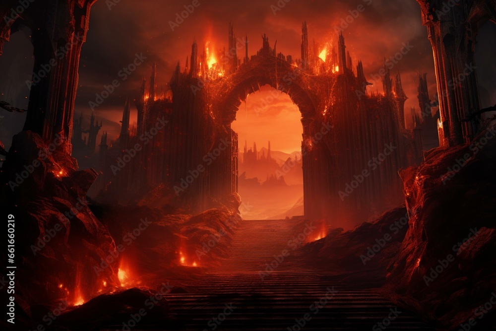 A mystical landscape featuring a never-ending fire, shadowy atmosphere ...
