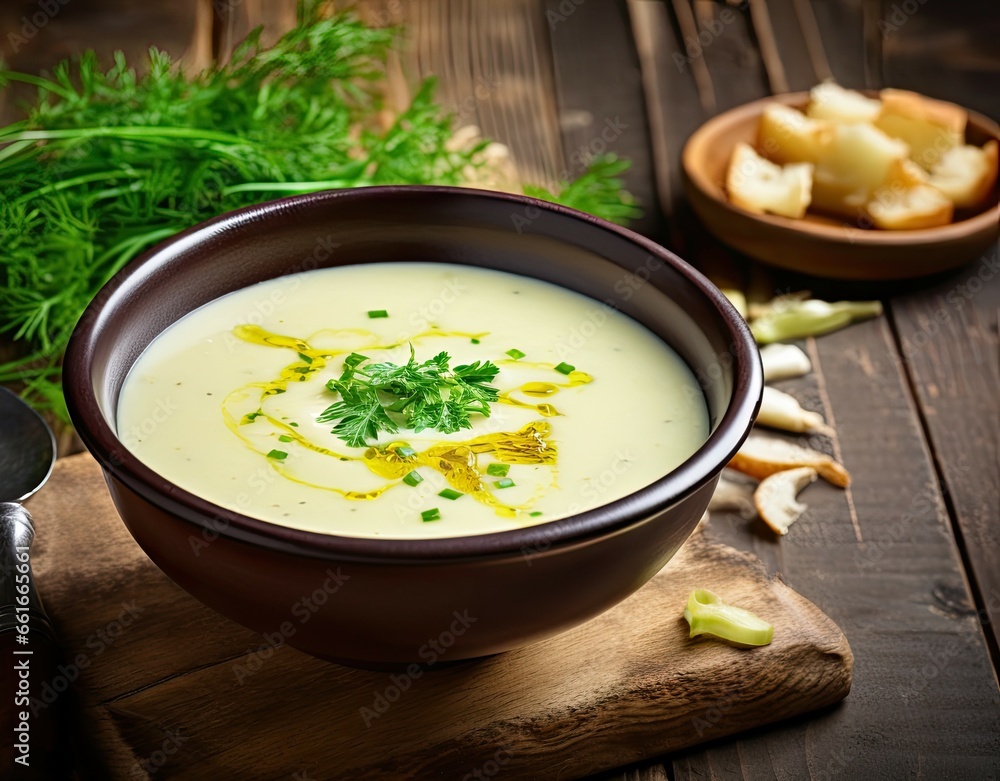 Leek soup comforting creamy potato and leek soup vegetarian dish on ...