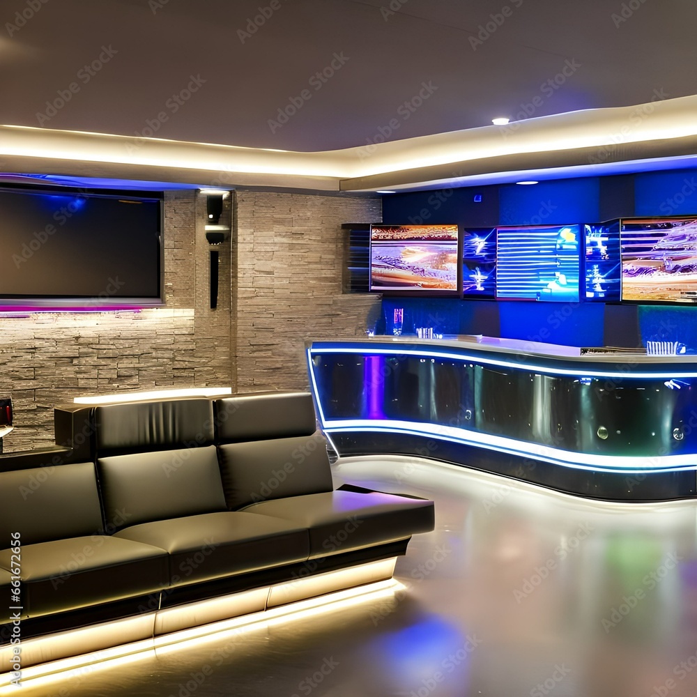 A futuristic, spaceship-themed basement bar with LED lighting, metallic ...