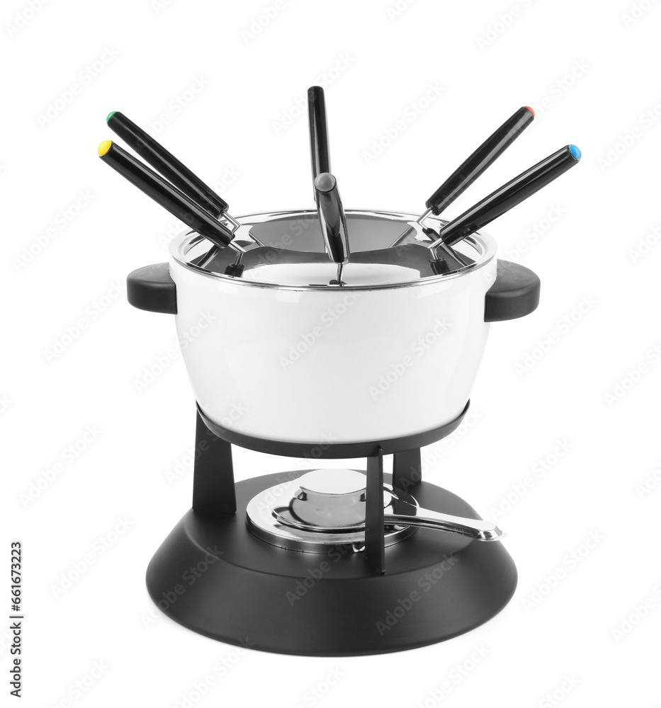 Fondue set isolated on white. Kitchen equipment Stock Photo | Adobe Stock