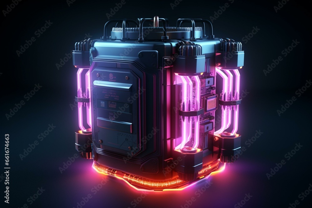 Glowing three-phase transformer on dark background with neon wires ...