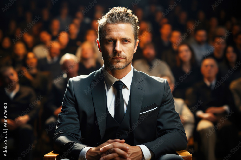 Narcissitic man standing on stage in front of a large cult crowd Stock ...