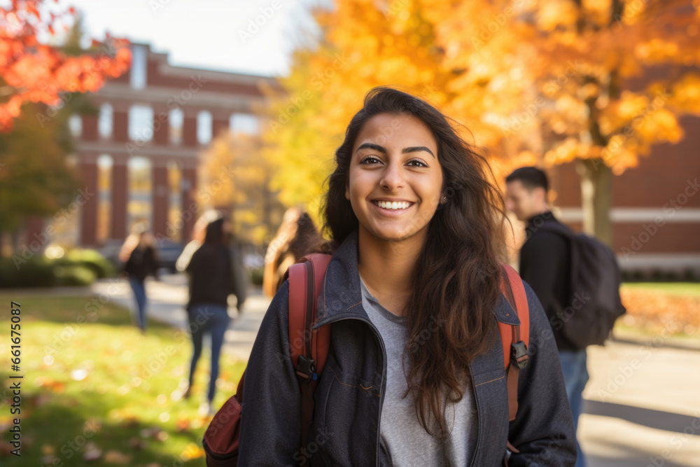 East Indian college student going back to school with crowd of students ...