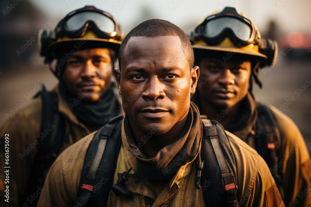 Group portrait of black firefighters in uniforms on street by wildfire ...