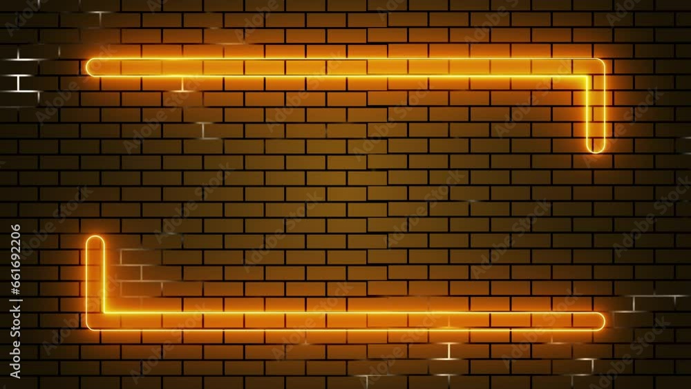 4K looped. Golden neon light flicker animation with brick wall ...
